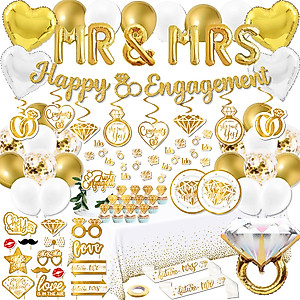 gold engagement party decorations - (Total 90pcs) Glitter happy Engaged Banner, MR and MRS Balloons, Hanging Swirl,balloons, Ring Balloons for Wedding Engagement Party Decor