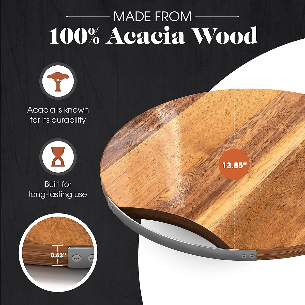 American Atelier Acacia Wood Round Cutting Board with Metal Accent | Serving Board | Large Cheese Board | Charcuterie Board with Handle for Serving Cheeses, Meats, Crackers, and Wine (13”)