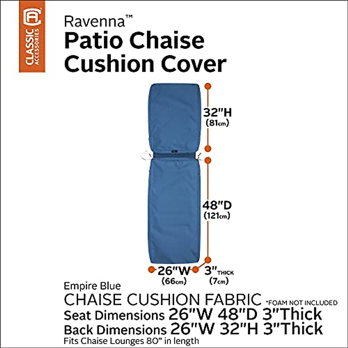 Classic Accessories Ravenna Water-Resistant Patio Chaise Cushion Cover, 80 x 26 x 3 Inch, Empire Blue, Patio Furniture Cushion Covers