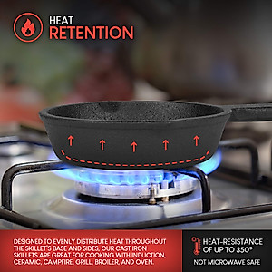 Modern Innovations Mini Black Cast Iron Skillet Set with Silicone Mitt (4 Count) - 3.5 Inch Pans, Pre Seasoned Small Skillets for Baked Cookie/Brownie or Cooked Eggs