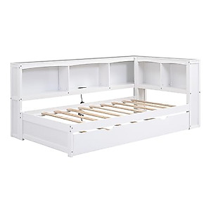 LostCat Twin Size Daybed with Trundle and L-Shaped Bookcase Storage, Wooden Day Bed Frame w/USB Plug and Storage Cabinets, Twin Sofa Bed Frame for Bedroom Guest Room, White