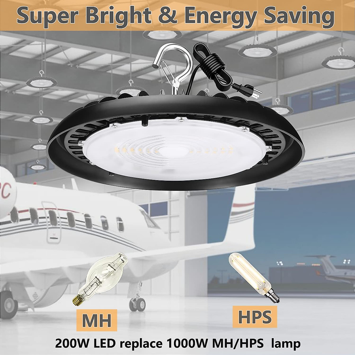 2Pack 200W LED High Bay Light Fixture for Warehouse, 120V 5000K Daylight, 26000LM (800W-1000W HPS/MH Eqv.), UFO LED Highbay Lights with US Plug 6FT Cable, UL IP65 Commercial Bay Lighting,Non-Dim