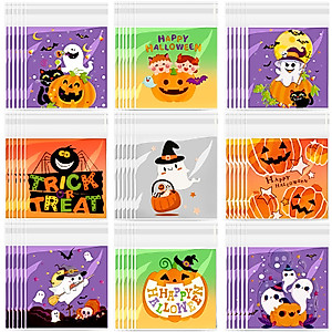 FEBSNOW 450pcs Halloween Candy Bags, 9 Styles Self Adhesive Trick Candy Bag Cellophane Cookie Bags for Halloween Trick or Treat Goodie Ziplock Bags Party Favor