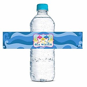 Little Shark Baby Sea Birthday Themed Waterproof Water Bottle Sticker Wrappers 20 Wrap Around Labels Sized 1.75" x 8.5" by AmandaCreation