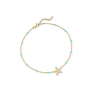 RS Pure by Ross-Simons Italian 14kt Yellow Gold Starfish and Blue Enamel Station Anklet. 9 inches