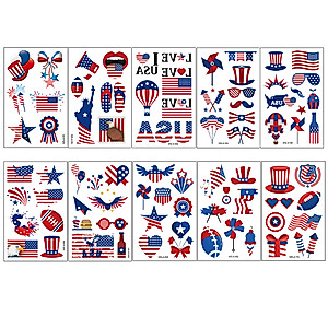 TopFunny Temporary Tattoos, 90Pcs Independence Day Tattoos (10 Sheets) American Flag Red White & Blue Design USA Body Art Patriotic Stickers for Labor Day Memorial Day Decoration Party Supplies Flags