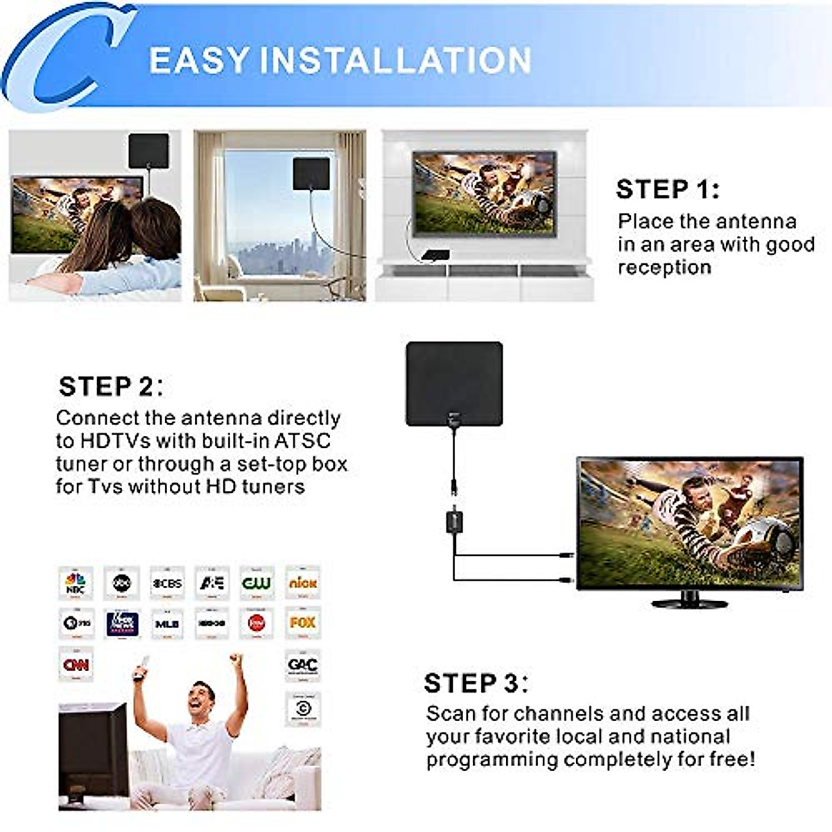 Chaowei Indoor Amplified Digital HDTV Antenna with External Signal Amplified Booster-Leaf TV Antenna 120 Miles Range-16.5feet Long Coaxial Cable