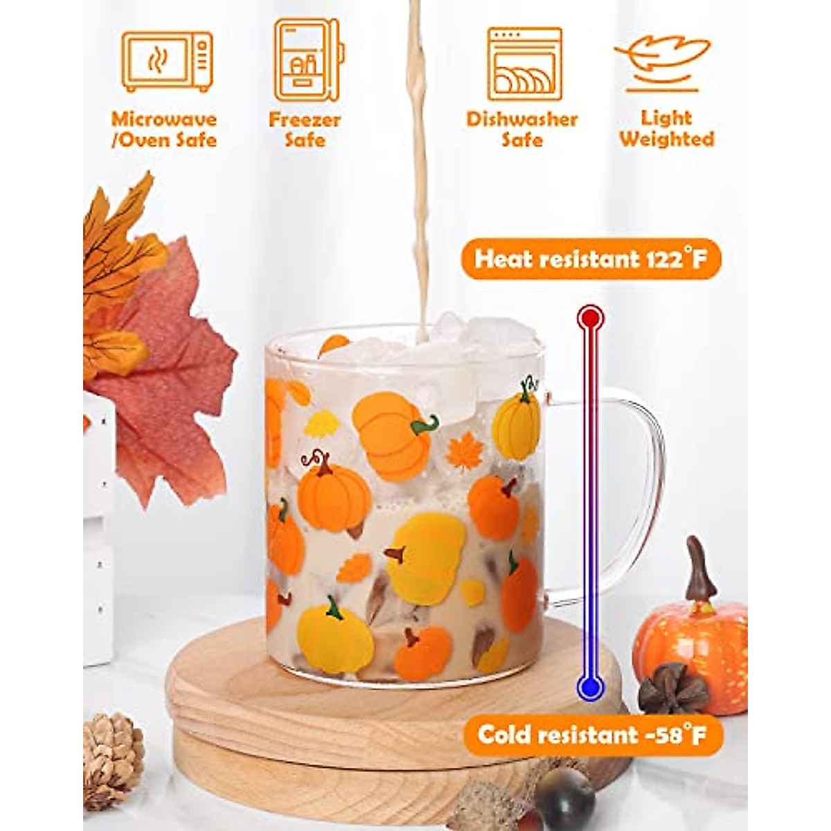 Pumpkin Glass Mug 15 Oz, Clear Fall Cup With Handle, Large Espresso Iced Coffee Glass, Hot Beverage Cappuccino Tea Drinking Glassware, Autumn Decor for Coffee Bar, Thanksgiving Gift for Pumkin Lover