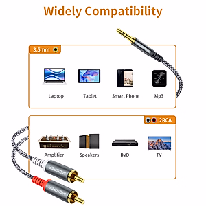 MCSPER RCA to 3.5mm AUX Cable, (6.6 Feet) 3.5 mm 1/8 to RCA 2-Male Headphone Jack Adapter Splitter Premium Stereo Audio Cord for Connects a Smartphone, Tablet, HDTV