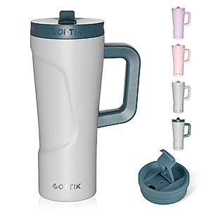 COKTIK 20 oz Insulated Tumbler with Handle and Two Lids(Flip/Straw), Double Wall Stainless Steel Vacuum Insulated Tumbler, Cupholder Friendly,Travel Coffee Mug BPA Free Reusable Cup,Haze blue contrast