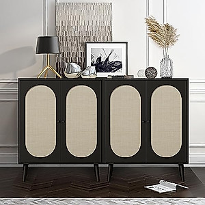 wirrytor Rattan Sideboard Buffer Cabinet, Modern Credenza Kitchen Buffer Storage Cabinet Console Table with 4 Rattan Doors Adjustable Shelves for Kitchen Dinging Living Room Hallway Entryway, Black