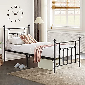 VECELO Twin Size Metal Platform Bed Frame with Headboard and Footboard, Heavy Duty Slat Support/No Box Spring Needed Mattress Foundation/Underbed Storage Space, Victorian Style, Black