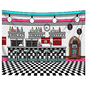 MTMETY 7x5ft Durable Soft Fabric 50s Retro Rock N Roll Diner Party Backdrop Sock Hop Dance Cosplay Prom Photography Background Classic 1950s Baby Adult Birthday Wedding Banner Photo Booth RBJLSME024