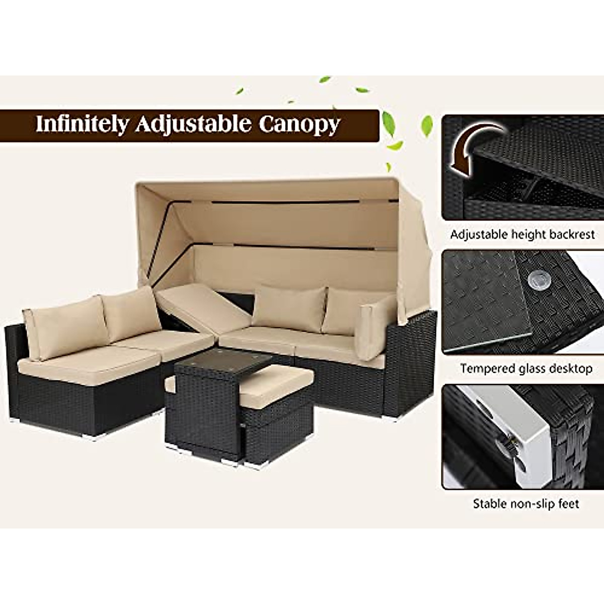 LEISU 7 Pieces Patio Furniture Sets, Outdoor Daybed with Canopy Adjustable Backrest, Sectional Seating with Washable Cushions Rectangle Sunbed for Backyard Garden Poolside (Khaki)