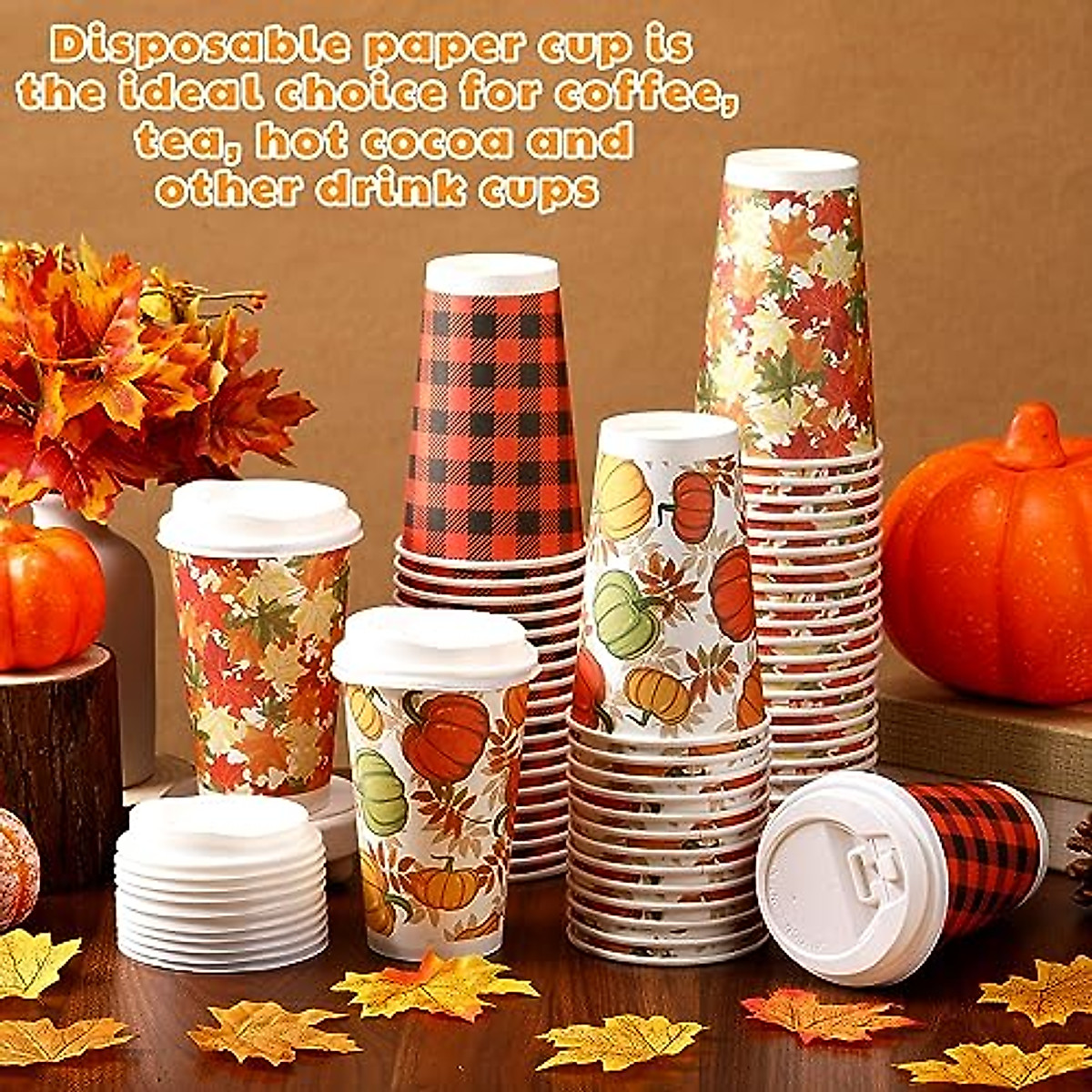 Fulmoon 60 Pack Thanksgiving 16 oz Disposable Coffee Cups Set Fall Paper Cups with Lids Autumn Party Decoration for Hot Cold Drinks, Tea, Hot Chocolate, Hot Cocoa, Holiday Party Supplies