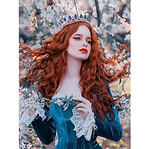 SWEETV Crystal Queen Crown for Women, Rhinestone Wedding Tiara Headband, Full Round Princess Crown Hair Accessories for Prom Birthday Costume Party, Royal Blue+Gold