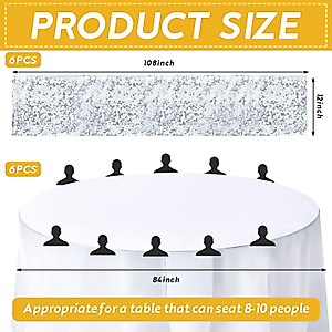 Newwiee 12 Pack Round Plastic Tablecloth 84 Inch with Glitter Sequin Table Runner 12 x 108 Inch Disposable Waterproof Tablecloth for Parties Wedding Baby Shower(Silver, White)