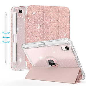 Sevrok iPad Mini 7 A17 Pro 2024/iPad Mini 6 2021 8.3 Inch - Clear Smart Slim-Fit Glitter Sparkly with Apple Pencil Pairing & Charging Holder -Folio Stand Shiny Leather Cover (Rose Gold)