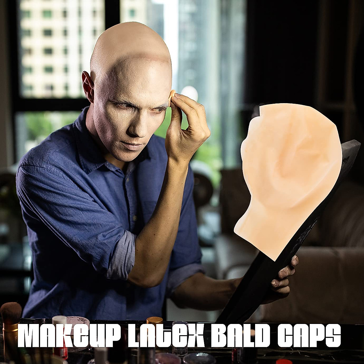 WXJ13 4 PCS Halloween Makeup Latex Bald Caps and 4 PCS Nylon Wig Caps for Halloween Party Adult Costume Accessory