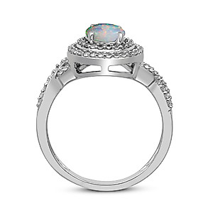 Jewelili Sterling Silver 8x6 MM Oval Cut Created Opal and Round Created White Sapphire Halo Engagement Ring, Size 7
