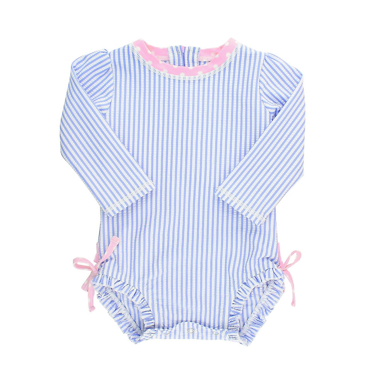 RuffleButts® Baby/Toddler Girls Long Sleeve One Piece Swimsuit - Blue Seersucker with UPF 50+ Sun Protection - 12-18m