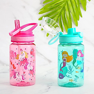 Home Tune 16oz Kids Water Drinking Bottle 2 Pack - Tritan BPA Free, Auto Flip Chug Lid, Sip Straw Lid, Carry Loop, Lightweight, Leak-Proof, Cute Design For Girls & Boys - Mermaid & Unicorn