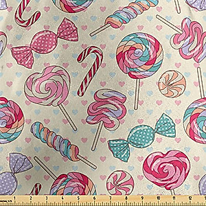Lunarable Colorful Fabric by The Yard, Yummy Lollipop and Candy Cane Pattern with Faded Little Hearts on Yellow, Decorative Satin Fabric for Home Textiles and Crafts, 1 Yard, Beige Pink