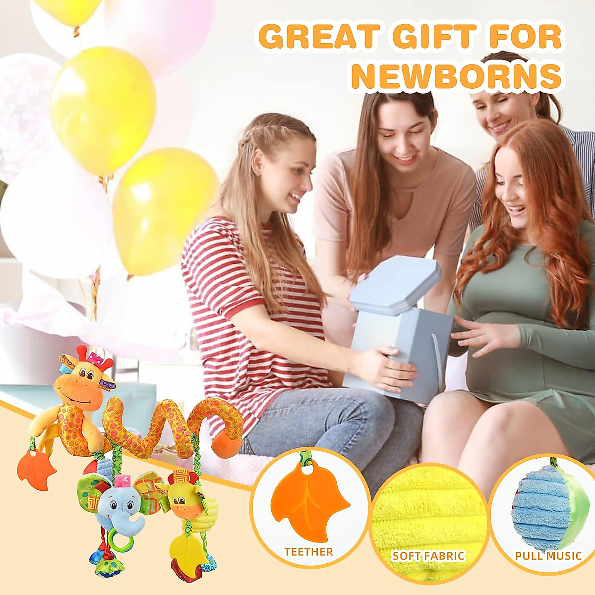 Jollybaby Baby Car Seat Stroller Toys, Plush Activity Hanging Spiral Activity Pram Crib with Music Box, Rattles, Squeaker for Babies Infant Boys Girls(Blue Elephant)