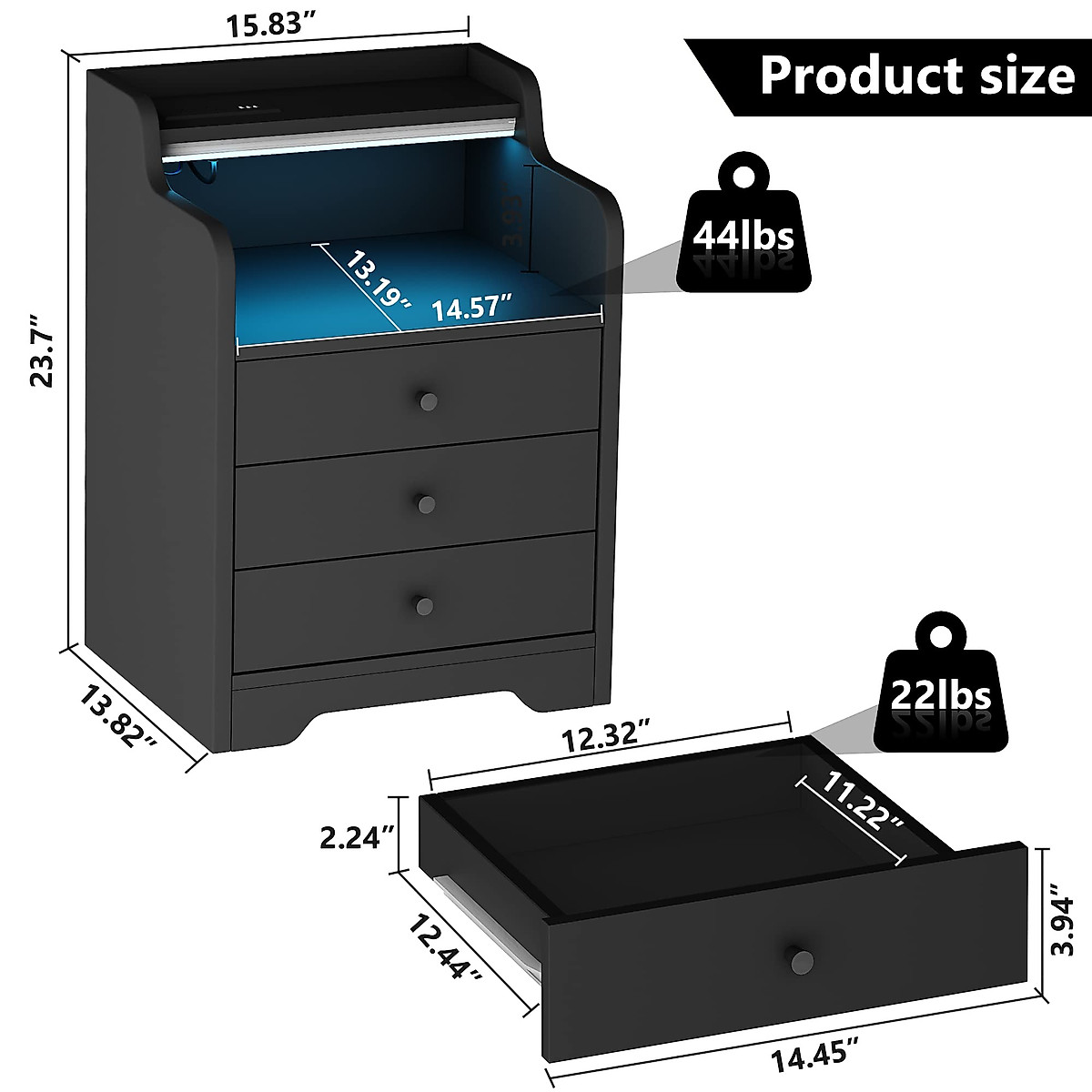 Gdvsclr Nightstand with Charging Station, Nightstand with LED Lights, 3 Drawers Bedside Table for Bedroom/Dormitory, Led Nightstand with Open Storage Shelf, 3 USB Ports & 2 Outlets, Black