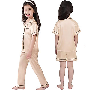 SWOMOG Kid's Silk Pajamas 3 Piece Girls Boys Satin Pajamas Set Button-Down PJs Sets Soft Lounge Sets Short Sleeve Sleepwear Champagne