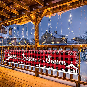 Holy Nativity Christmas Banner Manger Scene Religious Christmas Yard Banner Jesus Is the Reason for the Season Banner Red Buffalo Plaid Hanging Banner for Xmas Winter Holiday Outdoor Indoor Decoration