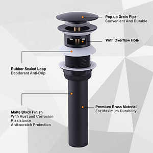 kimzcn Bathroom Sink Drain with Overflow Vessel Sink Stopper Pop Up Drain Assembly Matt Black D500031B