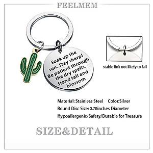 FEELMEM Saguaro Cactus Keychain Soak Up The Sun Stand Tall and Blossom Inspirational Cacti Charms Keychain for Friend Plant Lover Gift (silver)