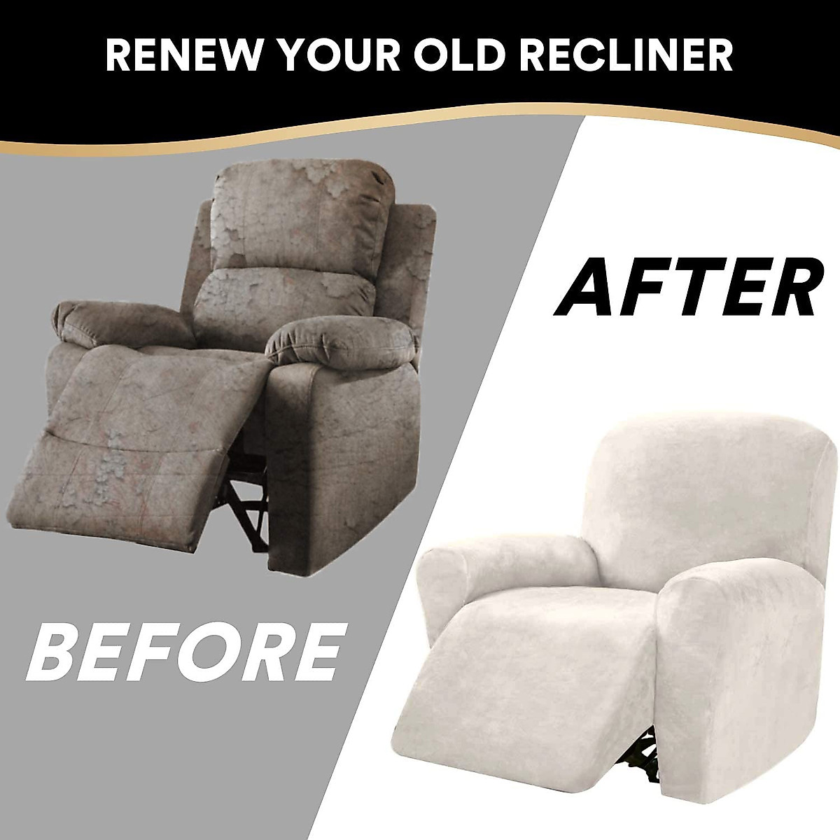 PrinceDeco Recliner Chair Cover Velvet Stretch Recliner Couch Covers 4-Pieces Style Recliner Chair Covers Recliner Cover for Reclining Chair Slipcovers Feature Non Slip Form Fitted Thick Soft, Ivory