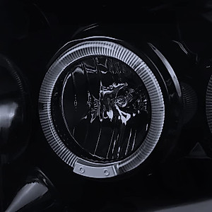 SPEC-D TUNING Halo Rim LED Glossy Black Housing Smoke Lens Projector Headlights Compatible with 1999-2004 Ford F-250/F-350/F-450/F-550 Super Duty, Left + Right Pair Headlamps Assembly