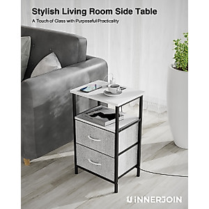 Innerjoin Nightstand with Charging Station USB A&C Ports, LED Nightstand with 2 Drawers & Storage Shelf, Bed Stand Side End Table for Bedroom Living Room Dorm, White