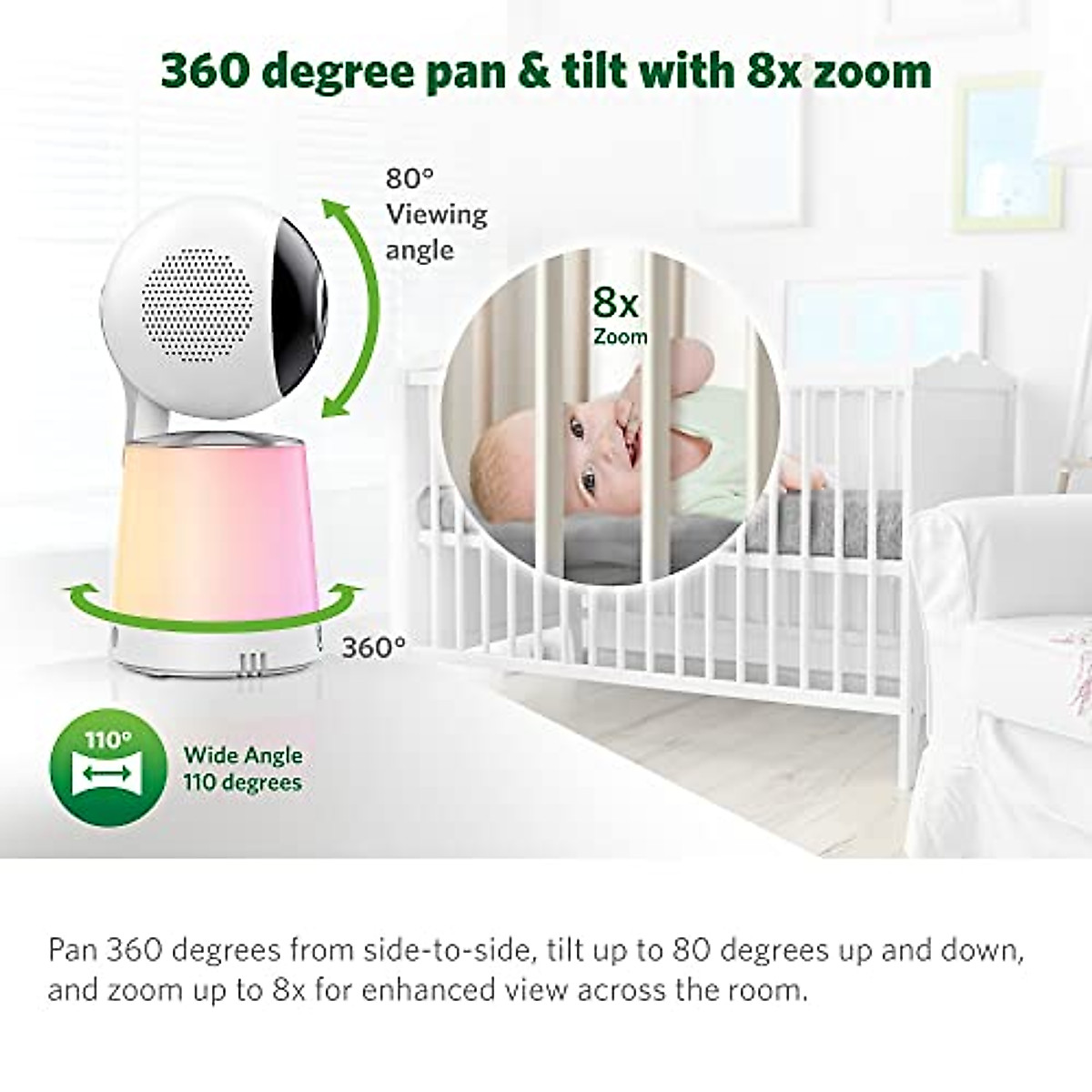 LeapFrog LF1726FHD Baby Monitor, 5.5' 1080p Screen, Up to 2500 ft range, Pan-Tilt-Zoom, Night Light, Color Night Vision, Soothing Sounds, Secure Transmission, Secure Transmission No WiFi