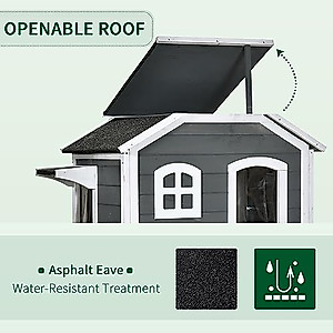 PawHut 2-Story Cat House Outdoor, Weatherproof Wooden Cat Enclosure for Feral Cats with Escape Door, Openable Roof, Jumping Platforms, Gray