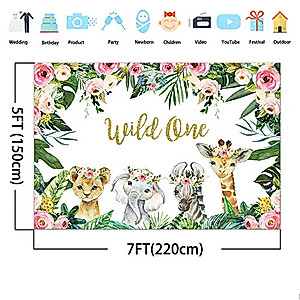 Mocsicka Girl Wild One Backdrop Jungle Safari Animals 1st Birthday Vinyl Photo Background 7x5ft Gold Wild One Birthday Banner Backdrops for Girls Cake Dessert Table Decorations