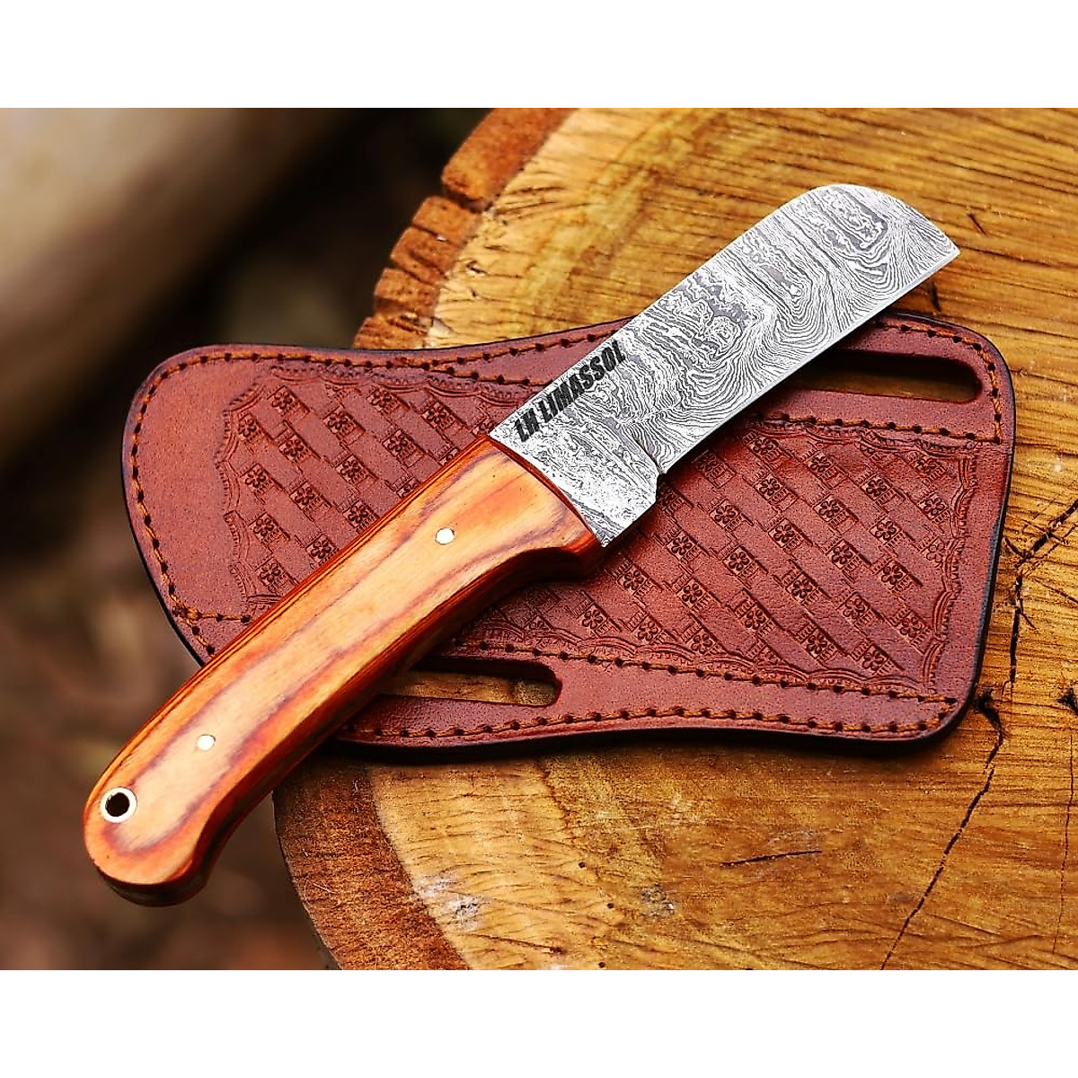 LH LIMASSOL Custom Handmade Damascus steel Bull cutter knife , cowboy knives with pancake leather sheath