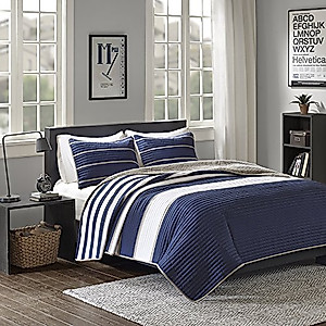 Comfort Spaces Quilt Set Trendy Casual Fun, Vibrant Color Design, Hypoallergenic All Season, Lightweight Coverlet Bedspread Cozy Kids Bedding & Sham Full/Queen Verone White Blue Stripe 3 Piece