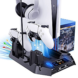 PS5 Stand with 2 Cooling Station & Dual Controller Charging Station for PS5 Console,Digital/Disc Edition, Benazcap PS5 Accessories Cooling Stand with Charge Stock, Headset Holder and 8 Game Slot,Black