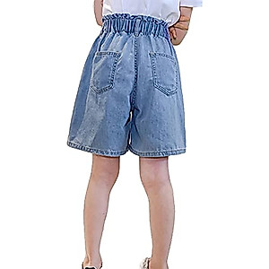 Aislor Kids Girls Fishtail Embroidery Pearls Ruffle Waist Denim Shorts Distressed Jean Shorts Hot Pants with Pockets Light Blue 11-12 Years