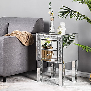 VINGLI Mirrored Nightstand, Mirrored Bedside Table with Drawer, Mirror Silver Night Stand, Mirrored Glass End Table Crushed Diamond Glitter Night Stand for Small Spaces/Bedroom/Living Room, Silver