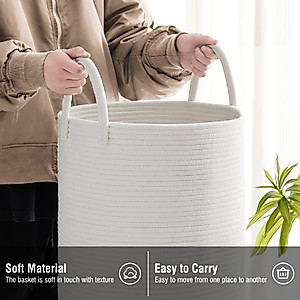 White Woven Rope Laundry Basket by TECHMILLY, 58L Baby Nursery Hamper for Clothes Blanket Storage, Large Tall Laundry Hamper for College Dorm, Bedroom, Living Room