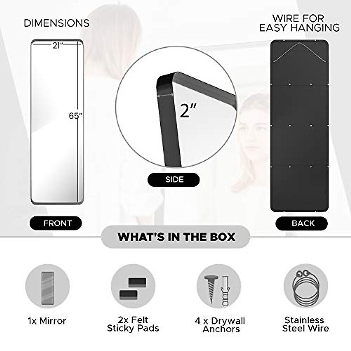 UPLAND OAKS Large Full Length Body Mirror for Floor & Wall in Bedroom - Metal Frame - Big & Tall Long Mirror for Leaning Size 65" x 21" (Black, Recessed)