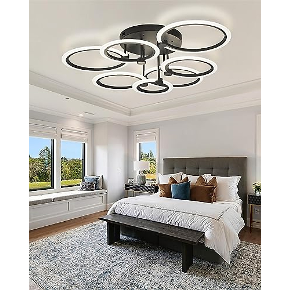 SEABLE Modern LED Ceiling Light 7 Rings Dimmable Ceiling Light Fixtures with Remote Black Close to Ceiling Light 31.8" 130W 3000K-6500K Flush Mount Ceiling Lamp for Living Room,Bedroom,Kitchen