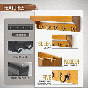Rebee Vision Decorative Key Holder for Wall with Shelf: Farmhouse Mail Rack with 5 Sturdy Key Hooks for Home Decor, Apartment, Entryway and Hallway (Light Brown)