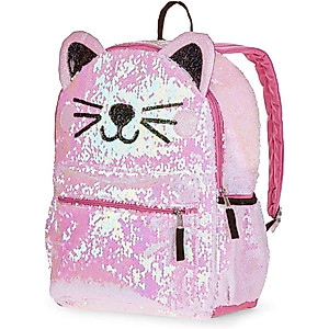 2 Way Sequin Kitty Cat Backpack for Girls Teens ~ Premium 16 Kitten School Bag with Reversible Sequins and 3D Cat Ears (Kitty School Supplies Bundle)