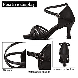 DKZSYIM Women's Satin Latin Dance Shoes Professional Ballroom Salsa Practice Performance Dancing Shoes,213-Black-7,US 5